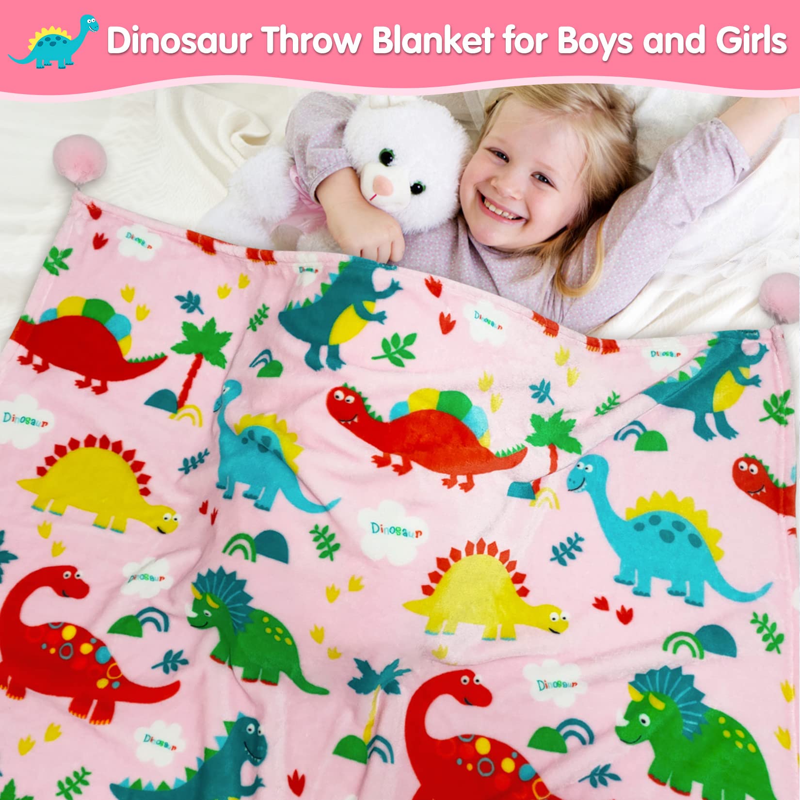 Andywoo Pink Dinosaur Baby Blanket for Girls, Dinosaur Baby Girls Blanket with Vibrant Colors, Cute Dinosaur Toddler Blanket for Girls, Soft and Warm Kids Fleece Blanket - 30x40 Inches