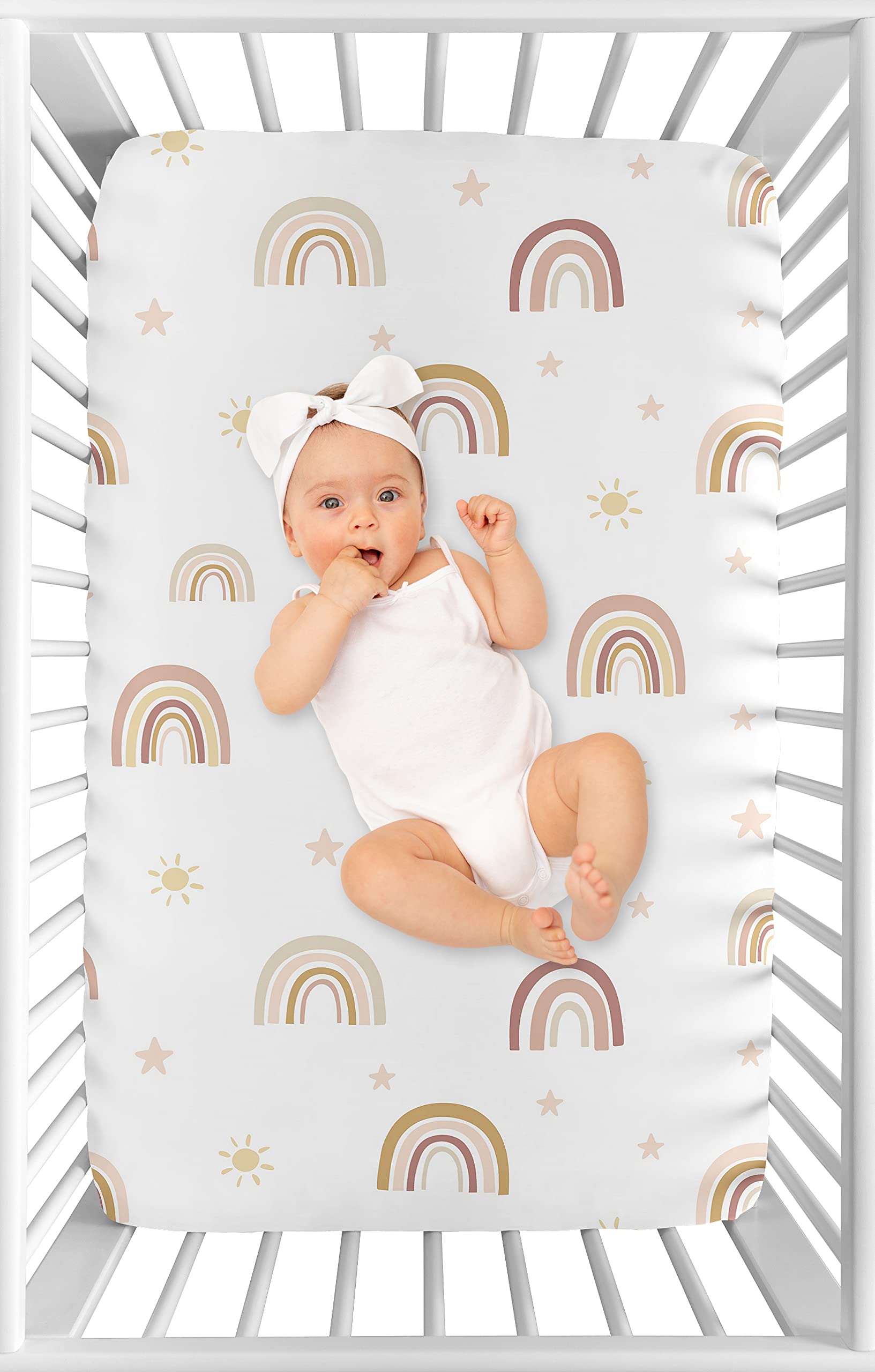 Sweet Jojo Designs Boho Rainbow Girl Fitted Mini Crib Sheet Baby Nursery for Portable Crib Pack Play - Blush Pink Dusty Rose Gold Yellow Mauve Taupe Beige Tan Bohemian Stars Sun Celestial Vintage Sky