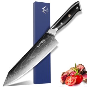 edving damascus chef knife 8 inch with premium g10 handle&triple rivet,razor sharp kitchen knife japanese vg-10 stainless steel,gift box,ergonomic,superb edge retention, corrosion resistant