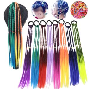 hujianwen colored braids hair extensions with rubber bands rainbow braided synthetic hairpieces ponytail hair accessories for women kids girls party highlights cosplay dress up