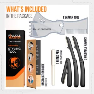 Beard Shaper Kit - Complete Shaping & Styling Tool - Transparent Adjustable Shaper, Razors, Barber Pencil - Beard Stencil Guide Template Outliner Many Styles for Perfect Line Up