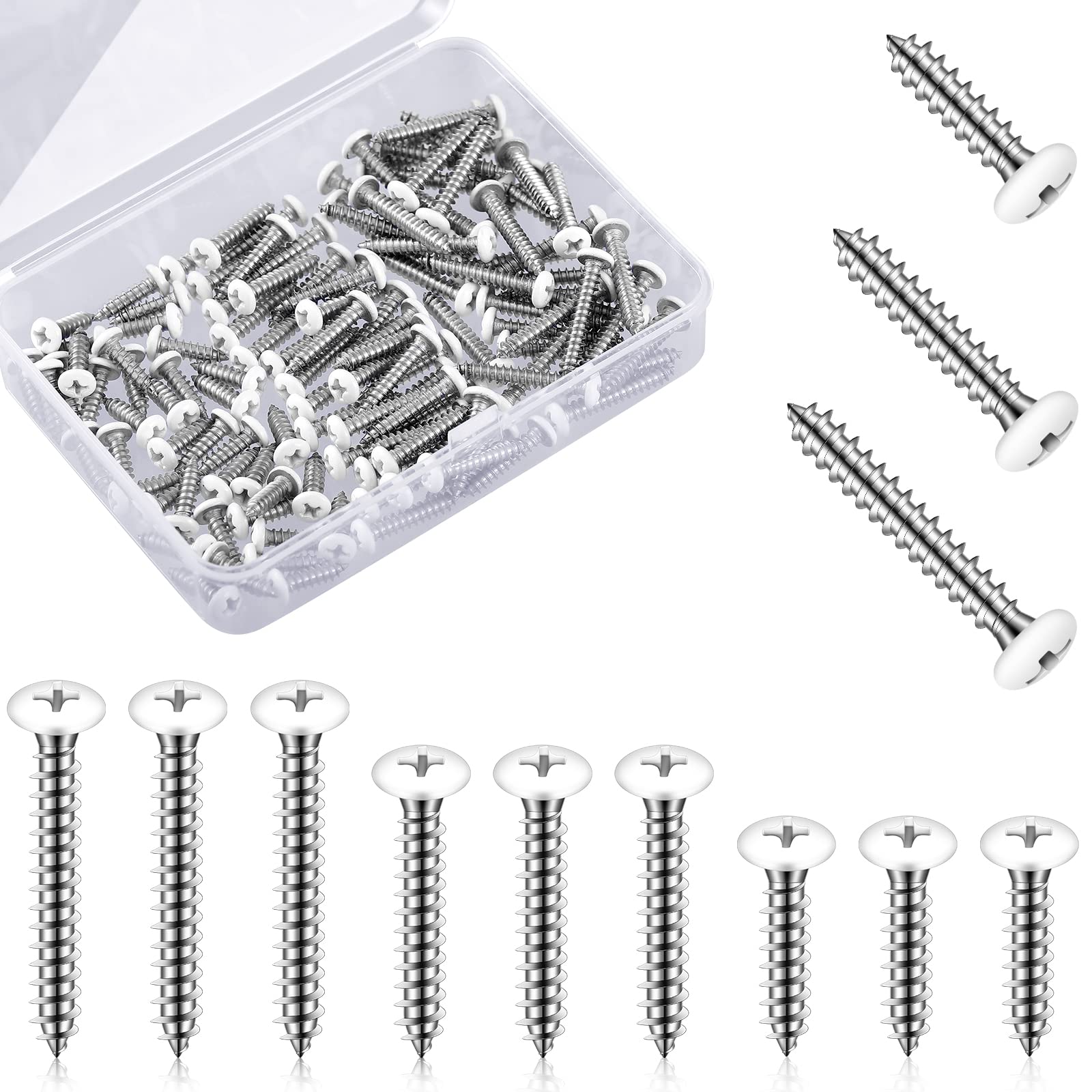 120 Pcs White Head Screws, #8 White Screws Wood Screws Stainless Steel Self Tapping Screw Wood Work for Wall Plates Replacement, 3 Sizes(1/2 Inch, 3/4 Inch, 1 Inch)