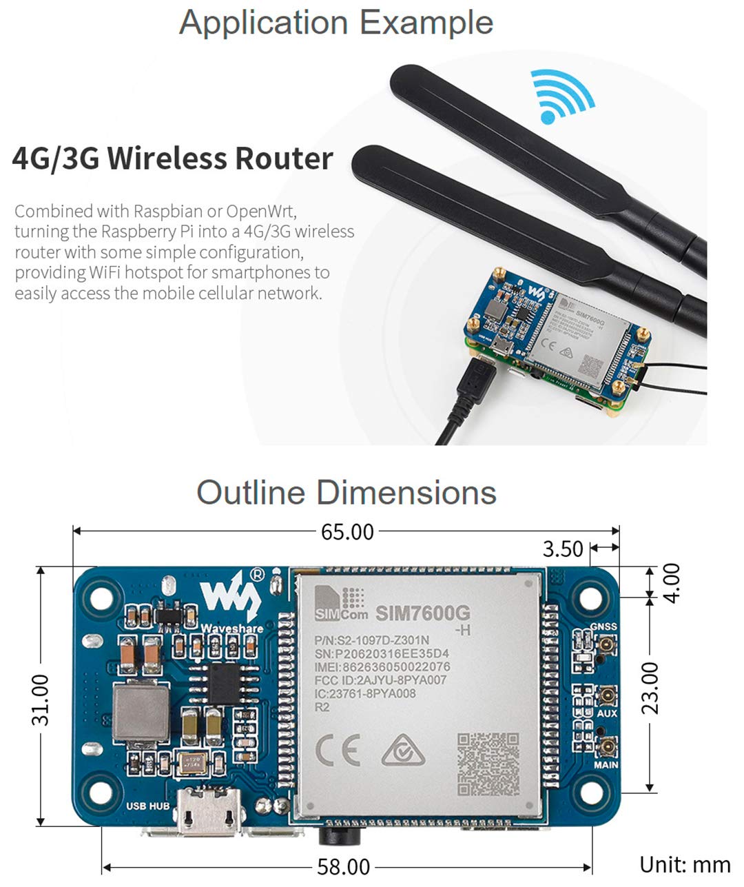 SIM7600G-H 4G HAT for Raspberry Pi and PC Support LTE Cat-4 4G/3G /2G up to 50Mbps Uplink and 150Mbps Downlink for 4G Network GNSS Positioning, Global Band