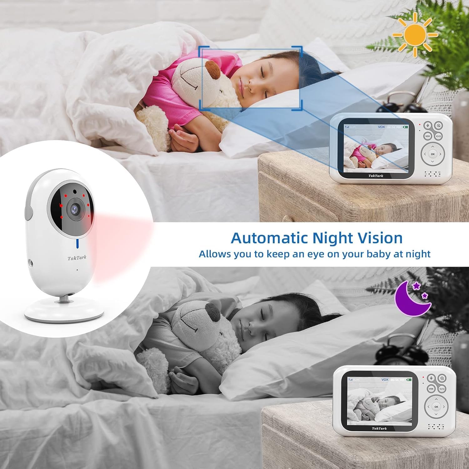 TakTark Baby Monitors, BM802 3.2" Video Baby Monitor with Camera and Audio, No WiFi, Night Vision, 2 Way Audio, Remote Pan & Tilt, VOX Sound Detection, Ideal for New Parents