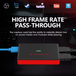 DIGITNOW USB3.0 HDMI Video Capture Card,1080P 60FPS HD Game Recorder Cam Link with HDMI Passthrough Live Streaming Recording Work with Xbox PS5 PS4 Swtich, Red, 3.66*2.16*0.59 in, BR140