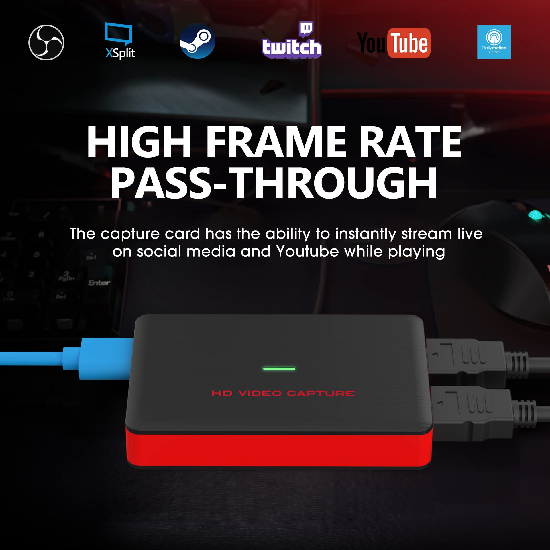 DIGITNOW USB3.0 HDMI Video Capture Card,1080P 60FPS HD Game Recorder Cam Link with HDMI Passthrough Live Streaming Recording Work with Xbox PS5 PS4 Swtich, Red, 3.66*2.16*0.59 in, BR140