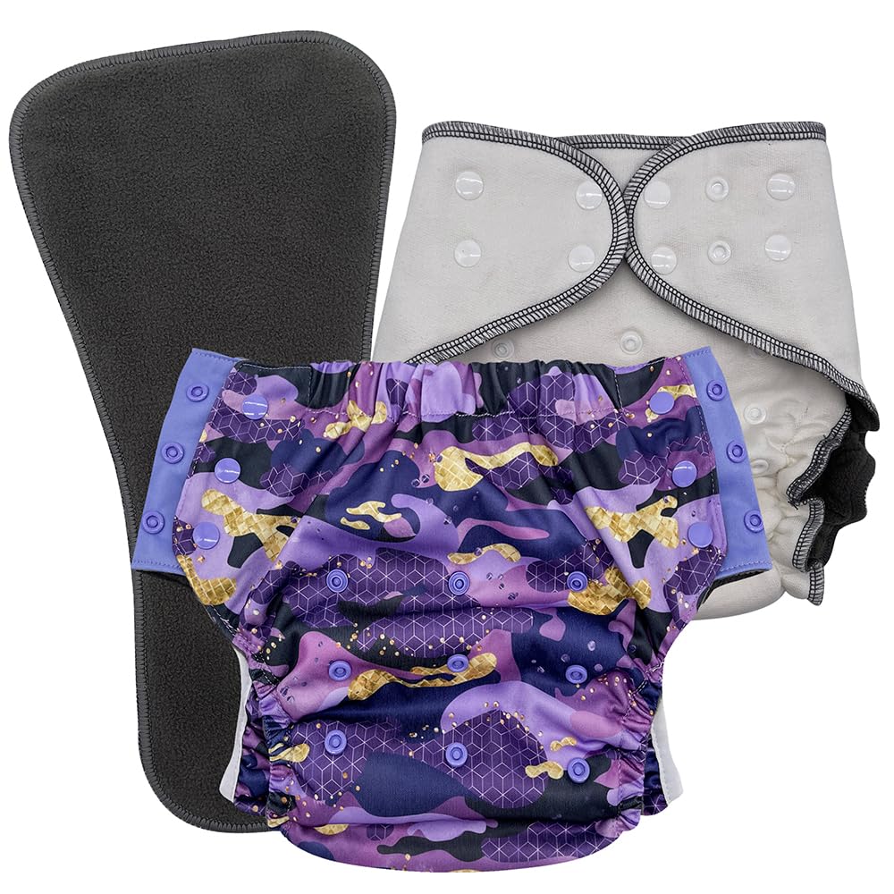 Special Needs Big Kids' Protective Briefs: Nighttime Cloth Diaper Set for Incontinence & Bedwetting, Age 6-16 Years (Purple Camo, Junior 1)