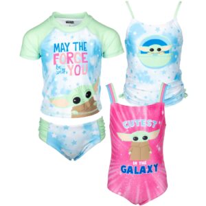 star wars the mandalorian baby yoda big girls 4 piece swimsuit set: one-piece swimsuit swim rash guard tankini top bottom pink/blue 10-12