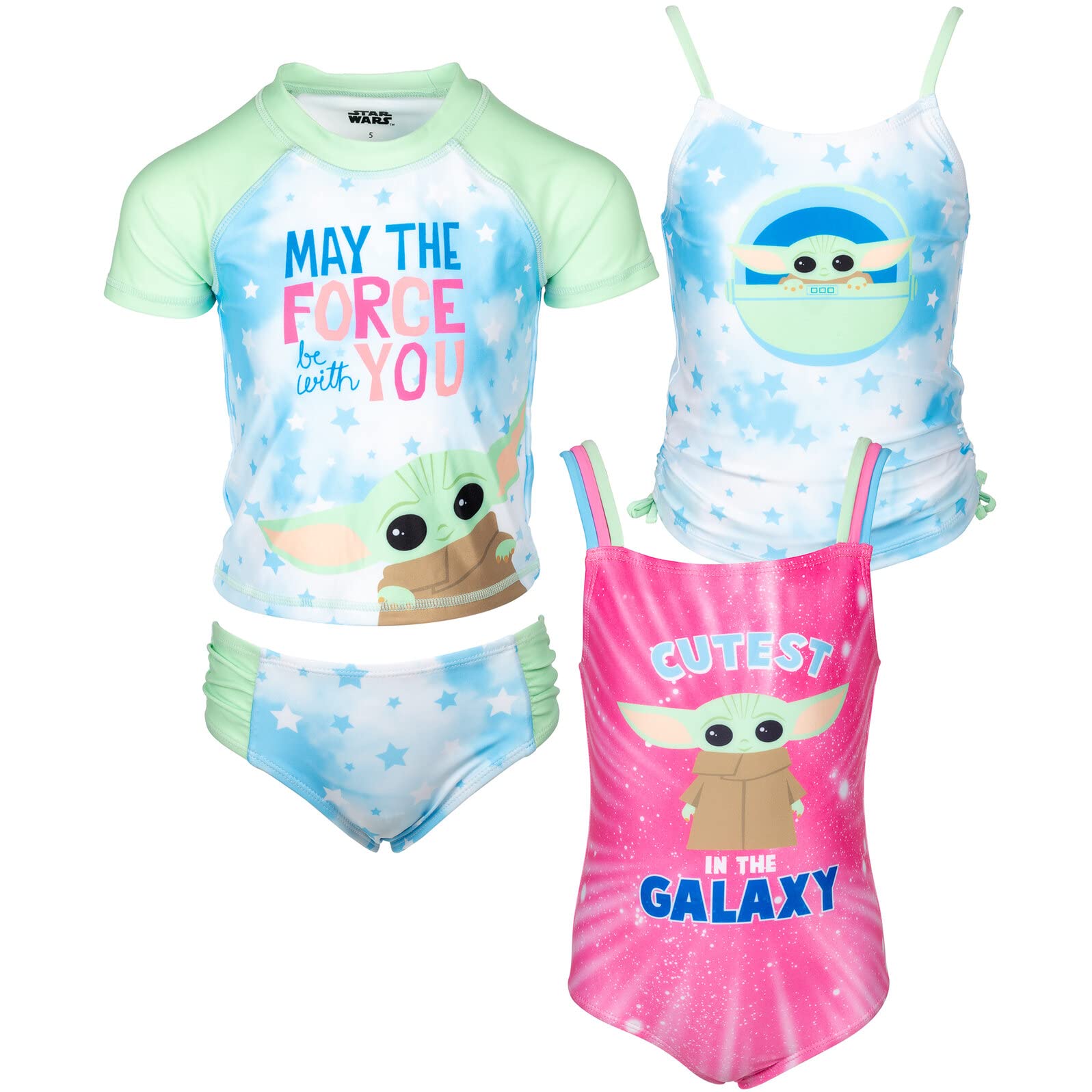 STAR WARS The Mandalorian Baby Yoda Big Girls 4 Piece Swimsuit Set: One-Piece Swimsuit Swim Rash Guard Tankini Top Bottom Pink/Blue 10-12