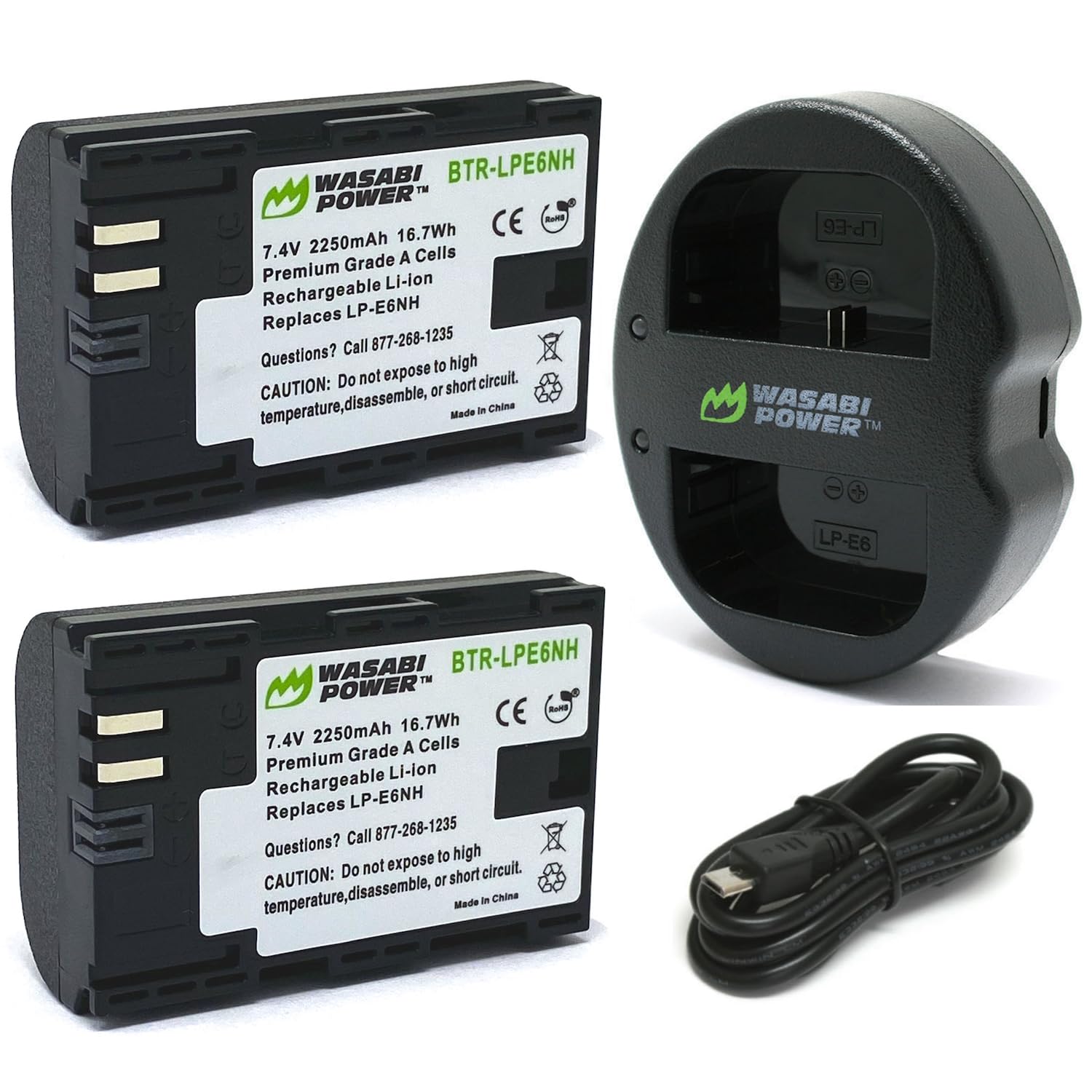 Wasabi Power LP-E6NH Battery (2-Pack) & Dual USB Charger for Canon EOS 5D Mark II/III/IV, 5DS, 5DS R, 6D, 6D Mark II, 7D, 7D Mark II, 70D, 80D, 90D, R, R5, R5C, R6, R7, Ra, XC10, XC15, BMPCC 4K and 6K