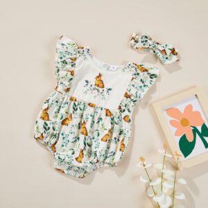 Easter Infant Newborn Baby Girl Rompers Fly Sleeve Round Neck Sleeveless Rabbit Print Jumpsuit Headband Outfits (White, 3-6 Months)