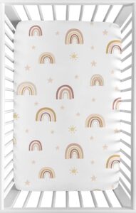 sweet jojo designs boho rainbow girl fitted mini crib sheet baby nursery for portable crib pack play - blush pink dusty rose gold yellow mauve taupe beige tan bohemian stars sun celestial vintage sky