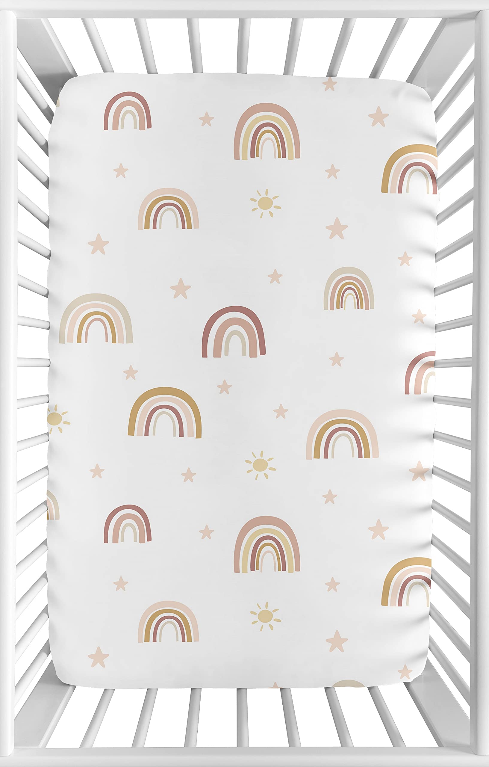 Sweet Jojo Designs Boho Rainbow Girl Fitted Mini Crib Sheet Baby Nursery for Portable Crib Pack Play - Blush Pink Dusty Rose Gold Yellow Mauve Taupe Beige Tan Bohemian Stars Sun Celestial Vintage Sky