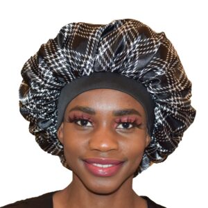 BONNET QUEEN Silk Sleeping Bonnet Satin Adjustable Big Large Curly Reversible Double Layer Braids Wig Natural Hair Wrap Night Sleep Hat Shower Cap with Tie Band Black&White