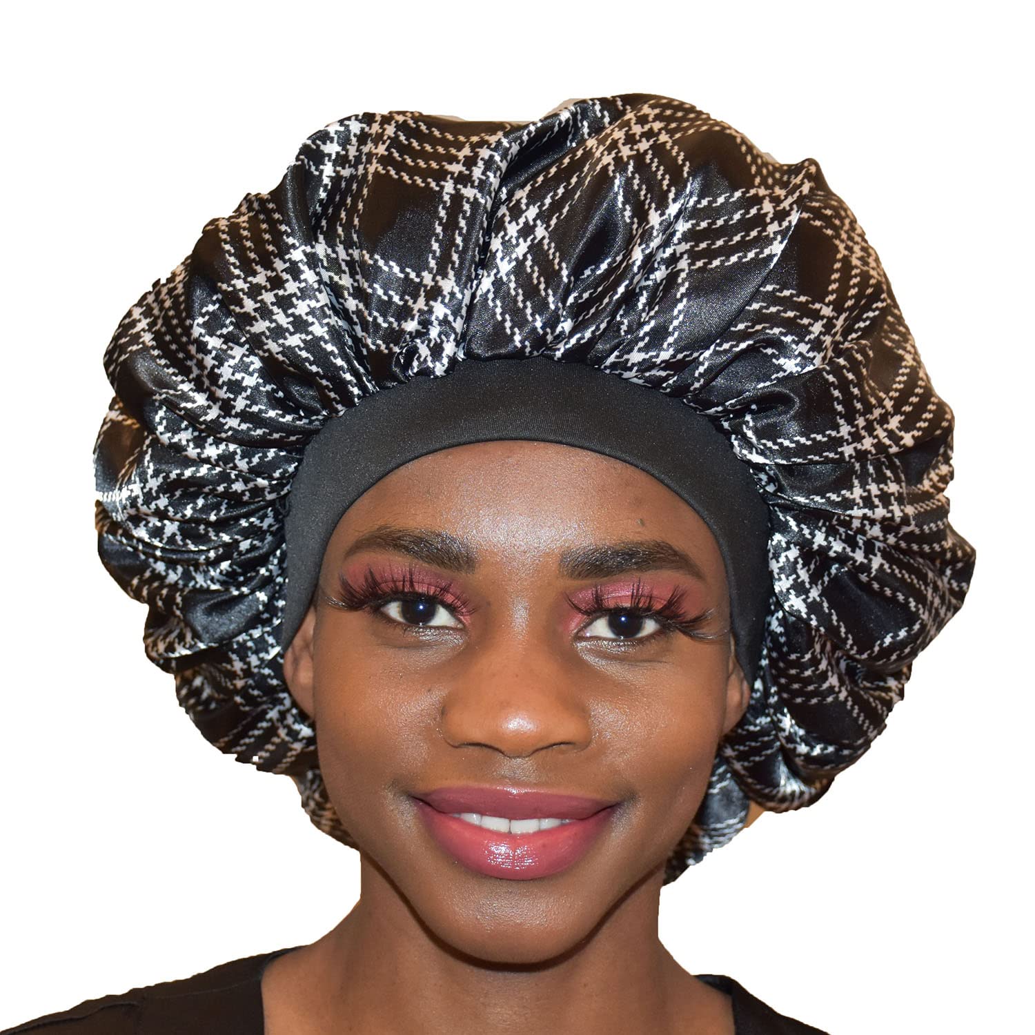 BONNET QUEEN Silk Sleeping Bonnet Satin Adjustable Big Large Curly Reversible Double Layer Braids Wig Natural Hair Wrap Night Sleep Hat Shower Cap with Tie Band Black&White