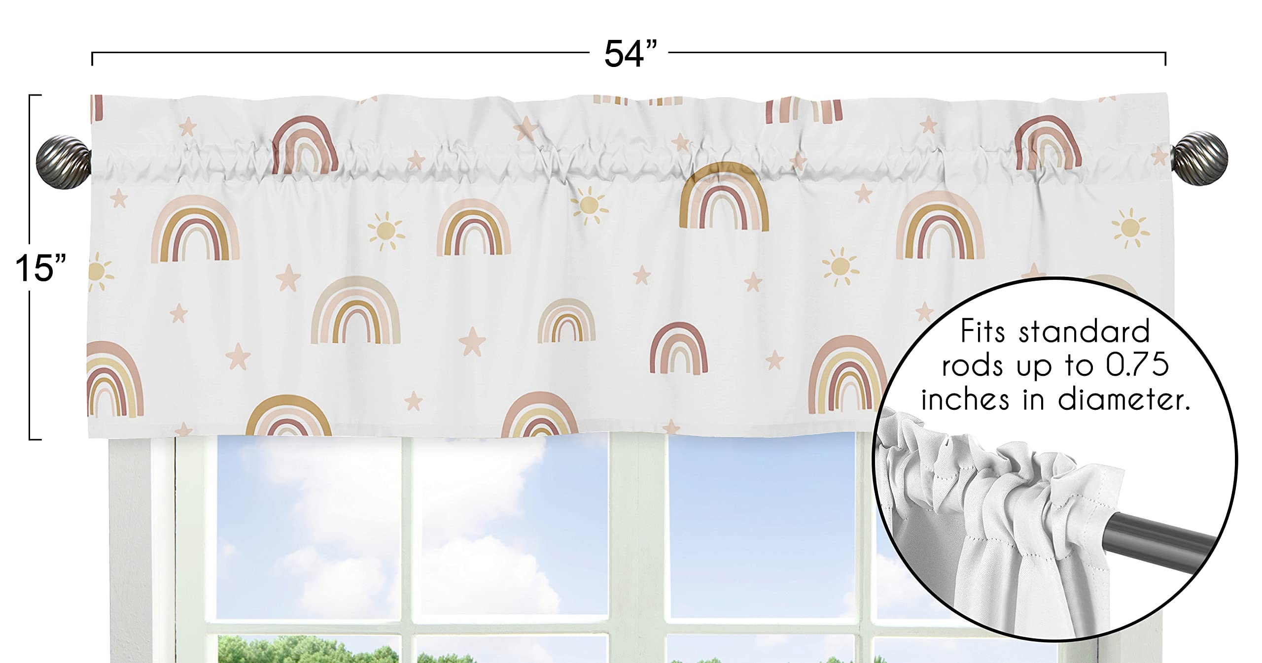 Sweet Jojo Designs Boho Rainbow Window Treatment Valance - Blush Pink Dusty Rose Gold Yellow Mauve Taupe Beige Tan Bohemian Stars Sun Celestial Vintage Sky