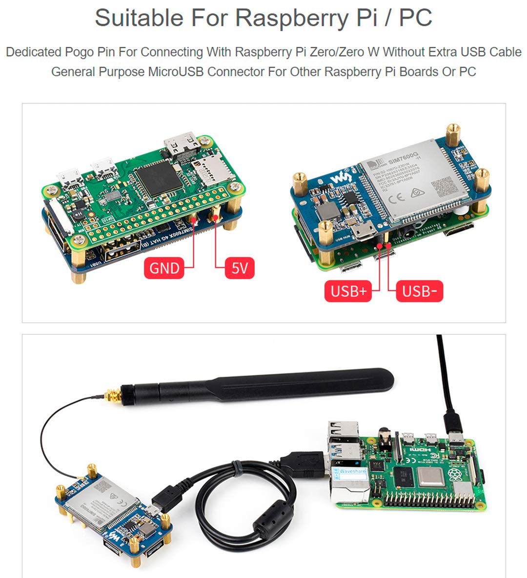 SIM7600G-H 4G HAT for Raspberry Pi and PC Support LTE Cat-4 4G/3G /2G up to 50Mbps Uplink and 150Mbps Downlink for 4G Network GNSS Positioning, Global Band