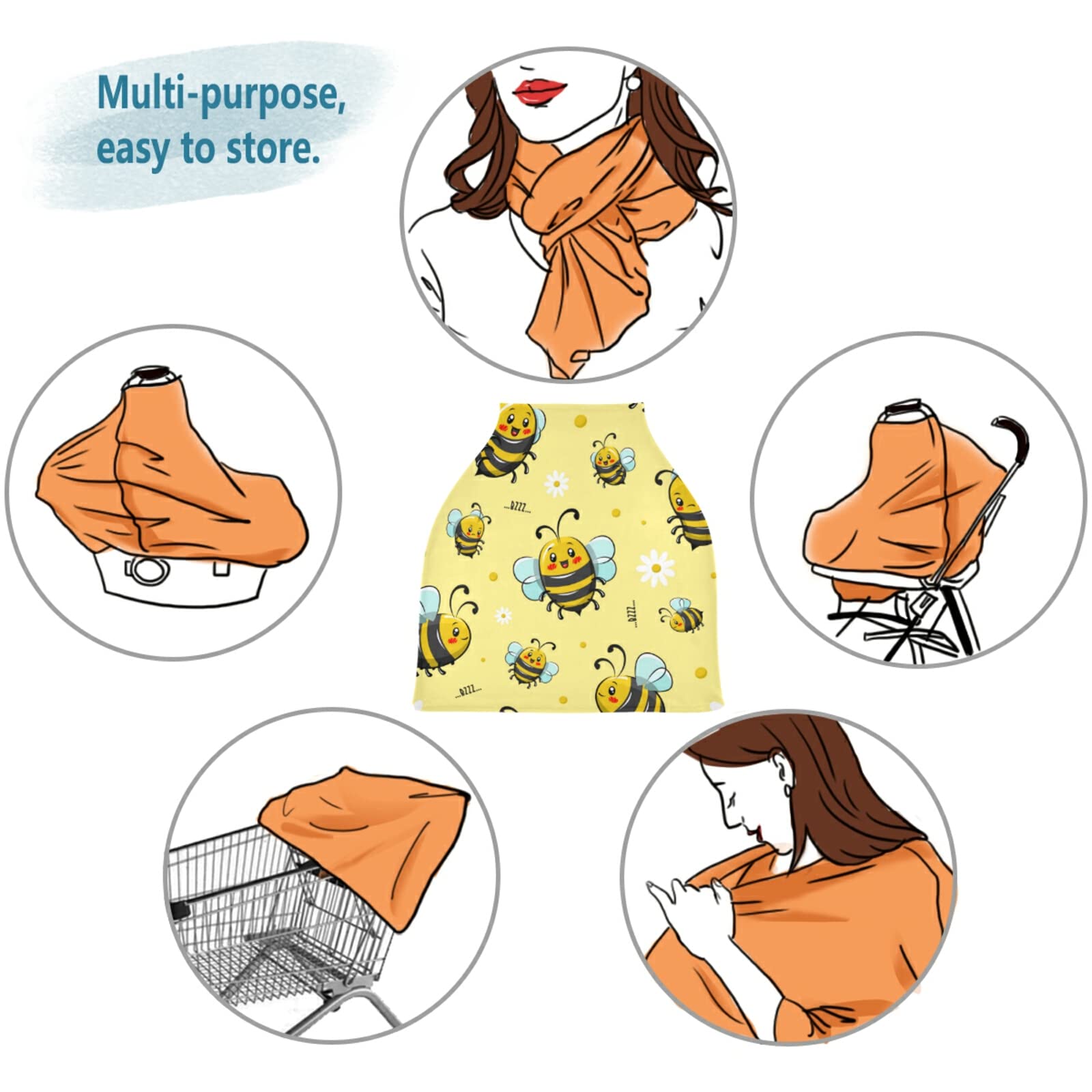 Cute Honey Bee Cartoon Nursing Cover Breastfeeding Cover, Soft Breathable Car Seat Covers, Stretchy Carseat Canopy Perfect for Boys Girls Infant, Suitable for Shopping Cart/High Chair/Stroller Covers