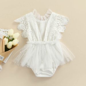 Newborn Infant Baby Girl Lace Ruffle Sleeve Romper Dress Sleeveless Jumpsuit Tutu SkirtPrincess Outfit (White, 0-6 Months)