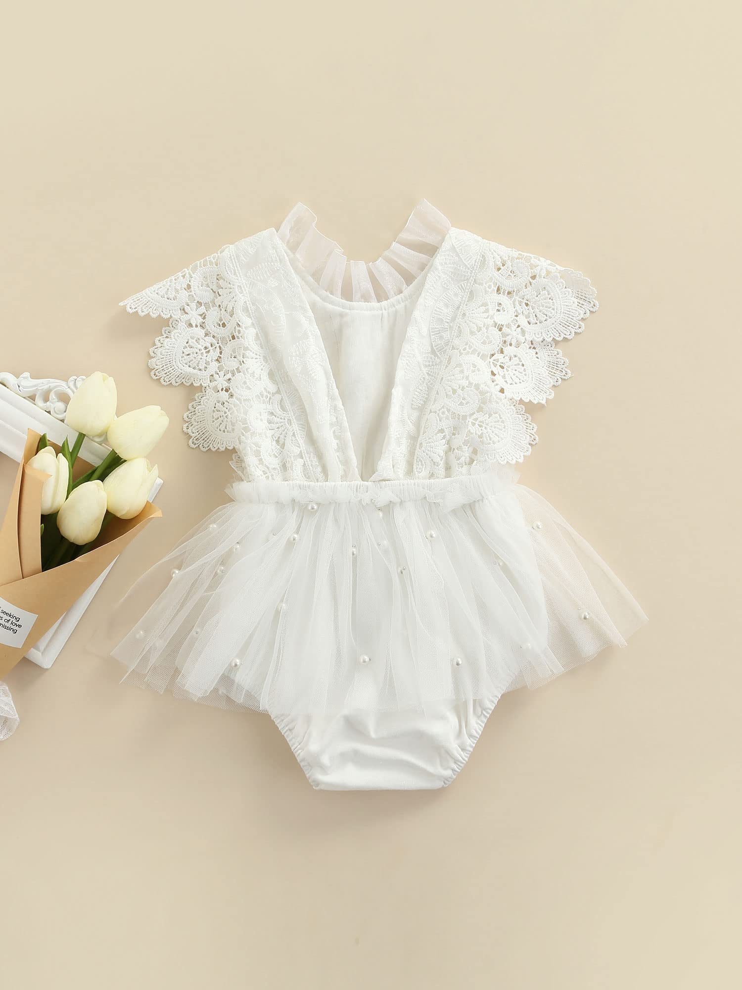 Newborn Infant Baby Girl Lace Ruffle Sleeve Romper Dress Sleeveless Jumpsuit Tutu SkirtPrincess Outfit (White, 0-6 Months)