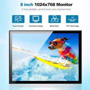 Miktver 8 inch Small Touchscreen Monitor, IPS Portable LCD Screen 1024x768 with HDMI VGA AV BNC USB Display Port Built in Speakers, Mini HD Color Metal Housing Touch Screen