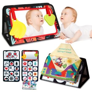 tummy time baby mirror toys, high contrast black and white baby toys 0-3-6 months, newborn brain development floor mirror with crinkle cloth book montessori toys for babies 6-12 months infant sensory