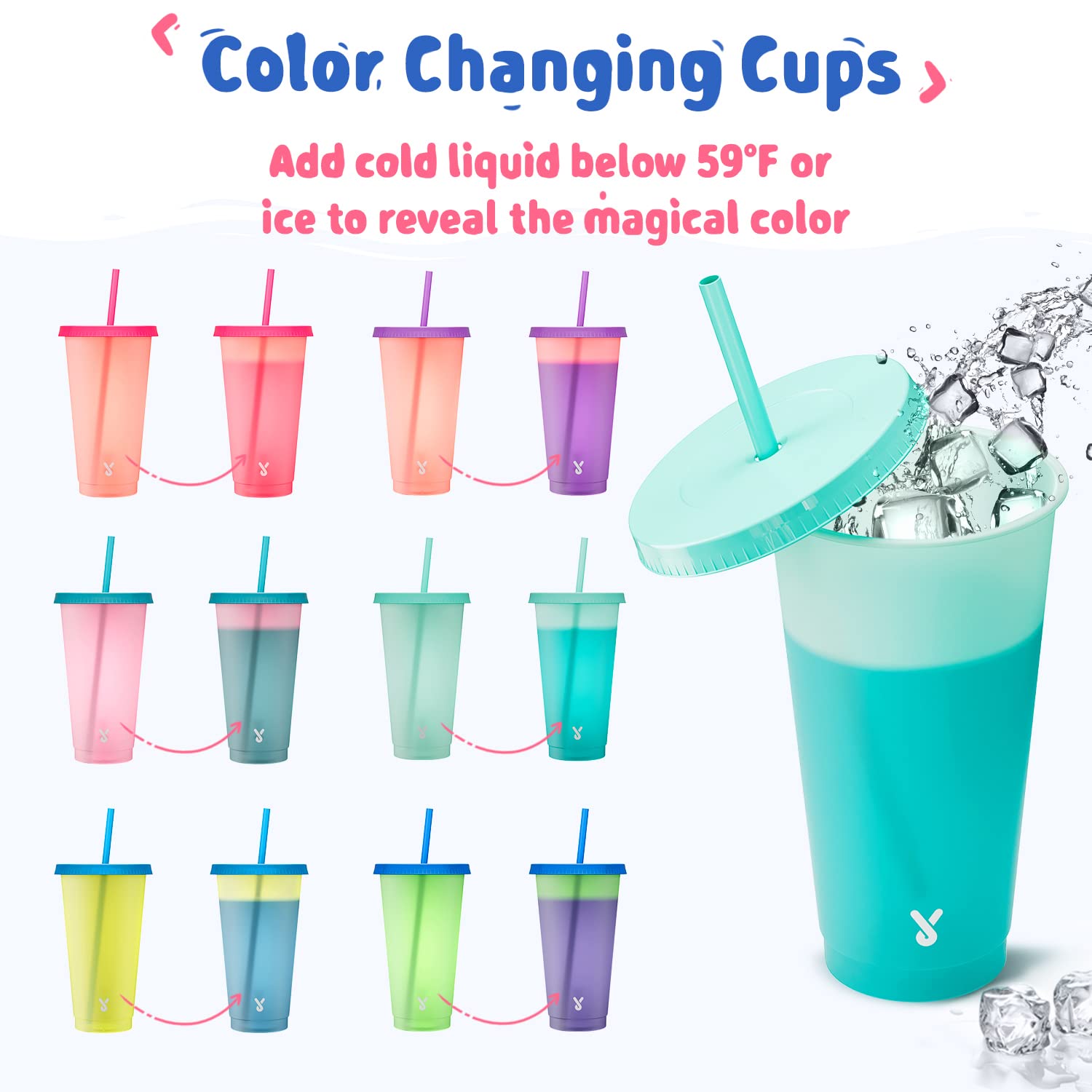 Meoky Plastic Cups with Lids and Straws - 6 Pack 24 oz Color Changing Cups with Lids and Straws Bulk, Reusable Cups with Lids and Straws for Adults Kid Women Party, Cute Cold Cups for Iced Coffee