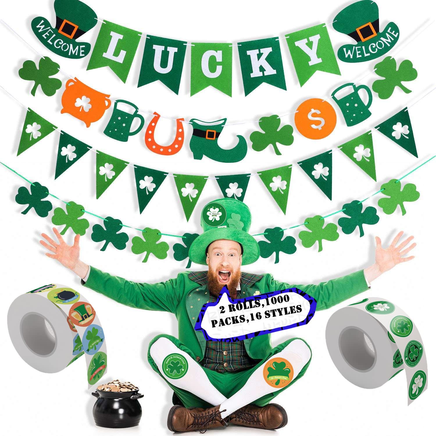 1000pcs St Patricks Day Stickers for Kids, 2 Pack Cute Shamrock Roll Stickers for Water Bottles St Patricks Day Decorations Decor for Envelopes Cards Bags Boxes Wrap Cards Party