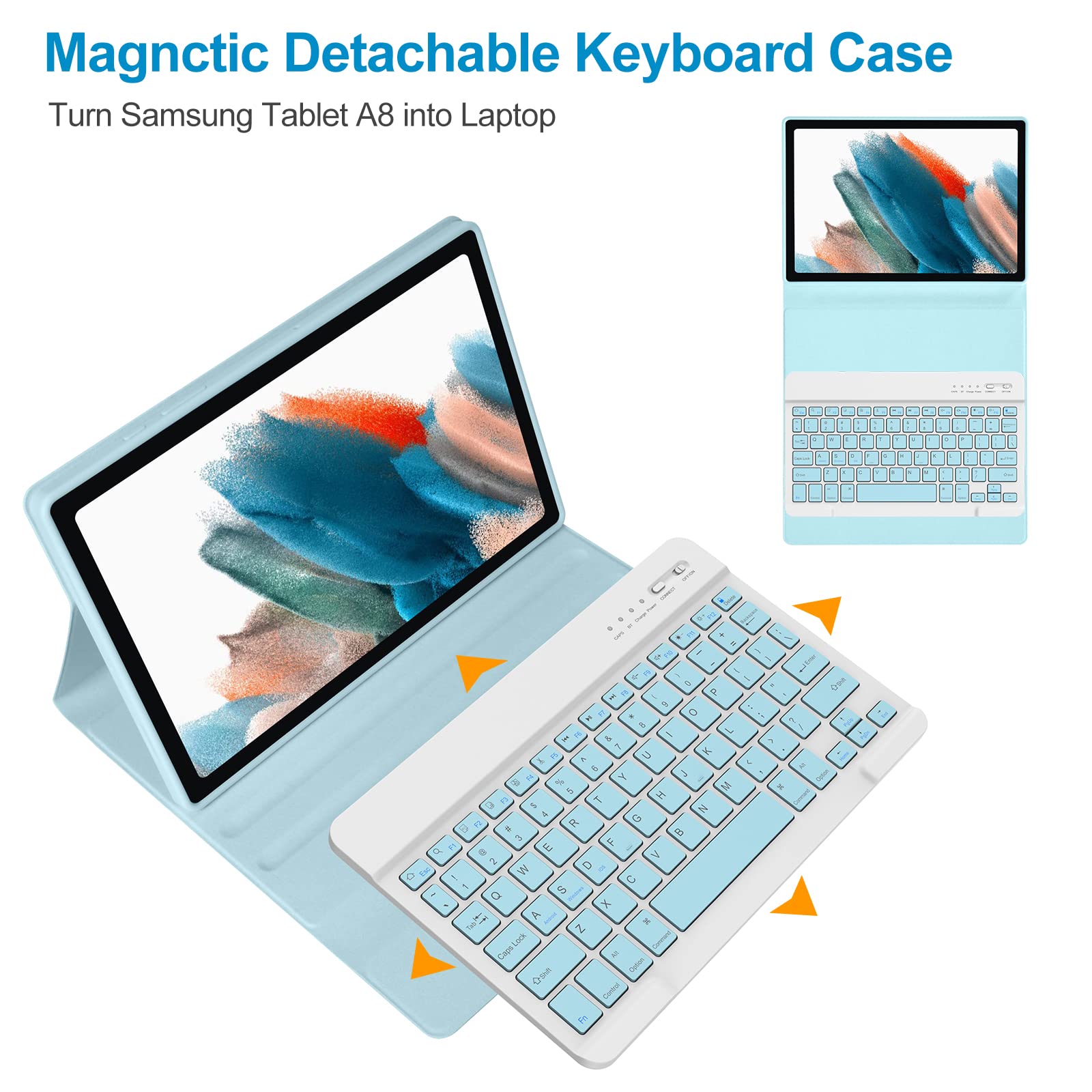 Keyboard Case for Samsung Tab A8 10.5 SM-X200, SM-X205, SM-X207, Samsung Galaxy Tab A8 Keyboard Case, Detachable Case with Bluetooth Keyboard for Samsung Tablet A8 2022 - Blue