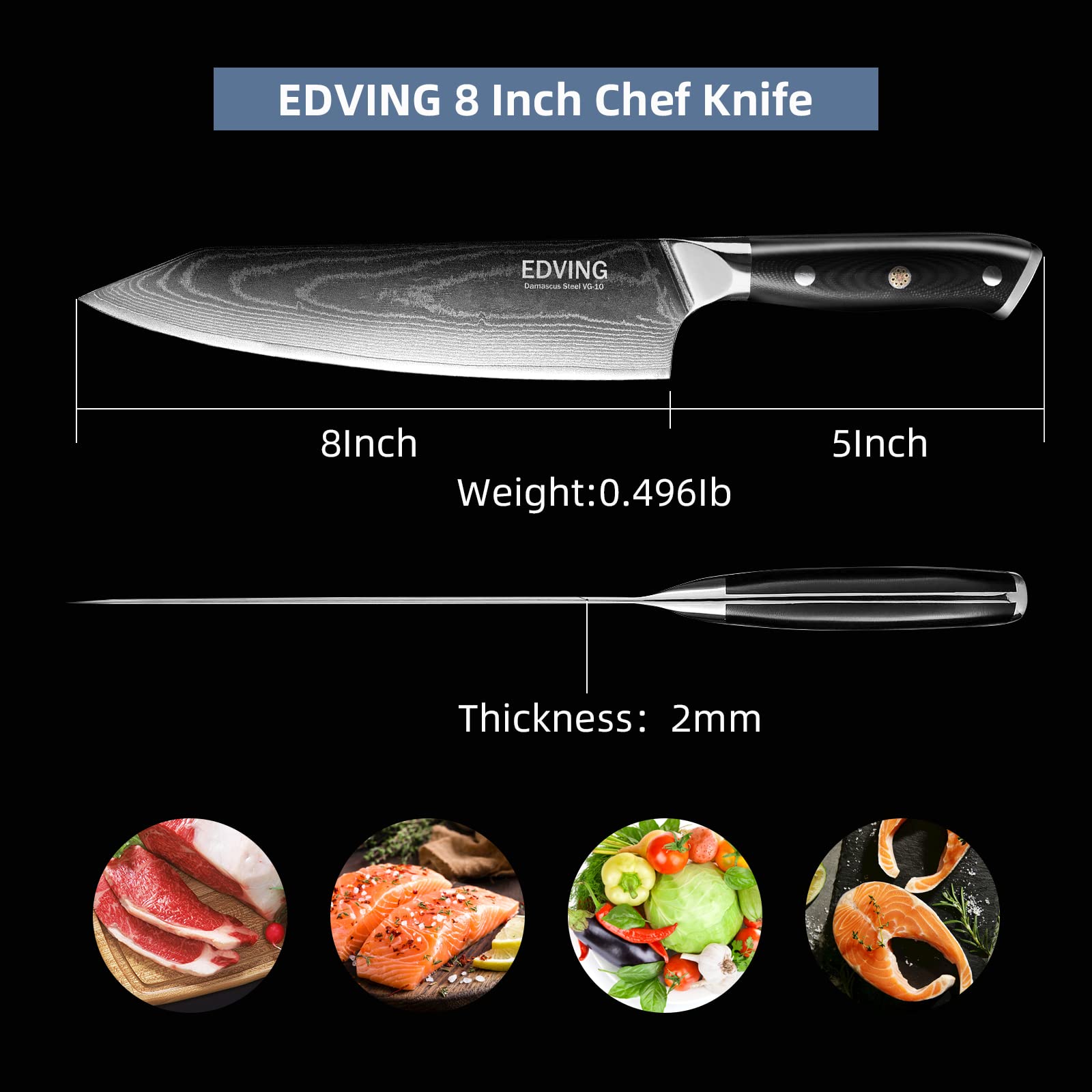 EDVING Damascus Chef Knife 8 Inch with Premium G10 Handle&Triple Rivet,Razor Sharp Kitchen Knife Japanese VG-10 Stainless Steel,Gift Box,Ergonomic,Superb Edge Retention, Corrosion Resistant