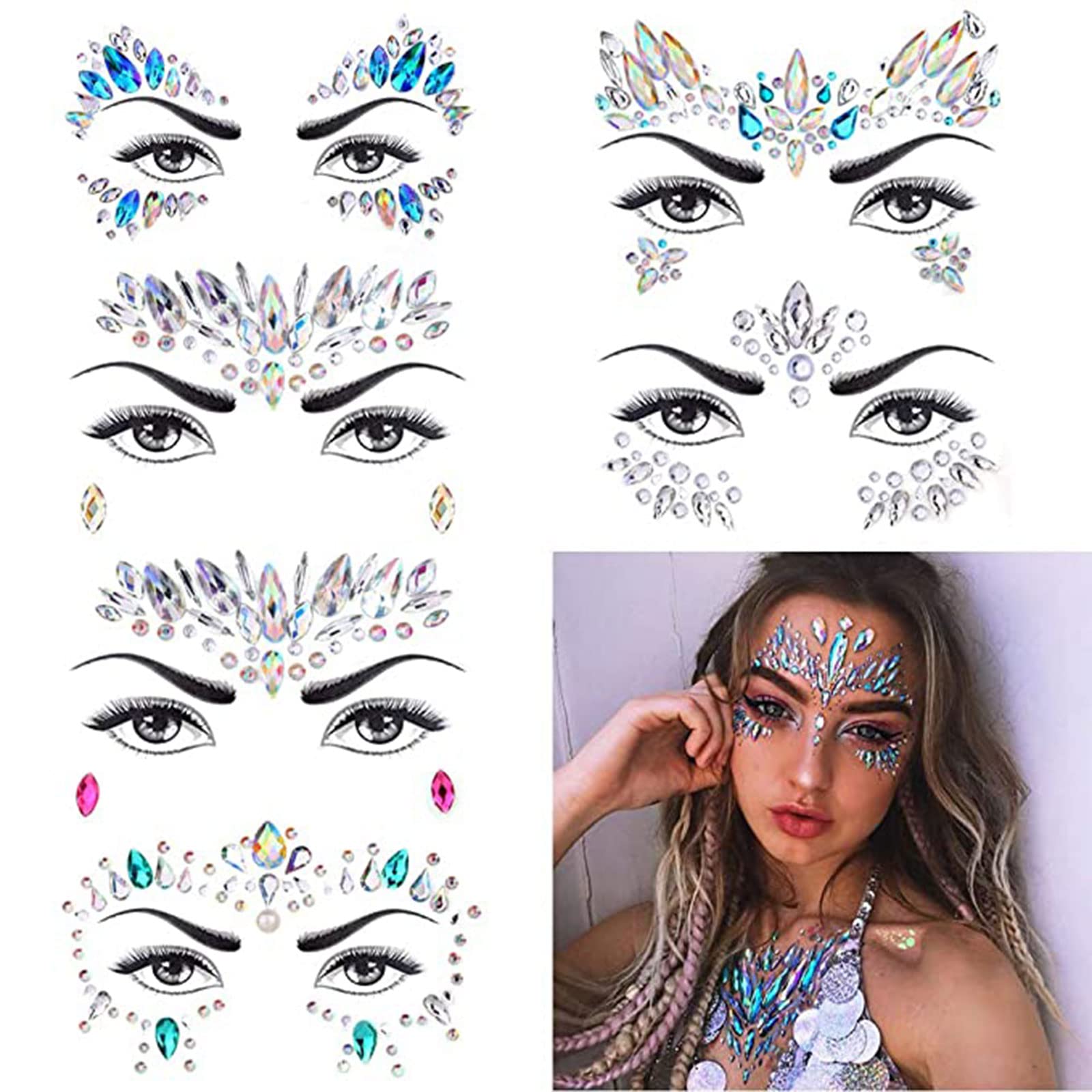 Women Mermaid Face Jewels Stickers Glitter Gems Rhinestones For Makeup 3D Eye Tattoo Festival Accessories Halloween Bindi Body Temporary