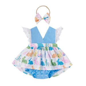 gushehua baby girl easter clothes lace sleeveless rabbit romper bodysuit with matching headband spring summer outfits (light blue, 0-6months)