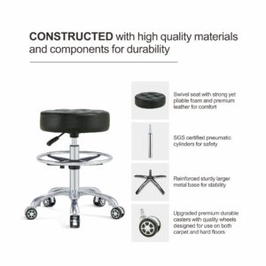 Kastele Height Adjustable Rolling Desk Stool Swivel Chair with Casters Heavy Duty for Salon, Spa, Massage,Tattoo,Esthetician,Shop,Kitchen (No Backrest with Casters, Black)