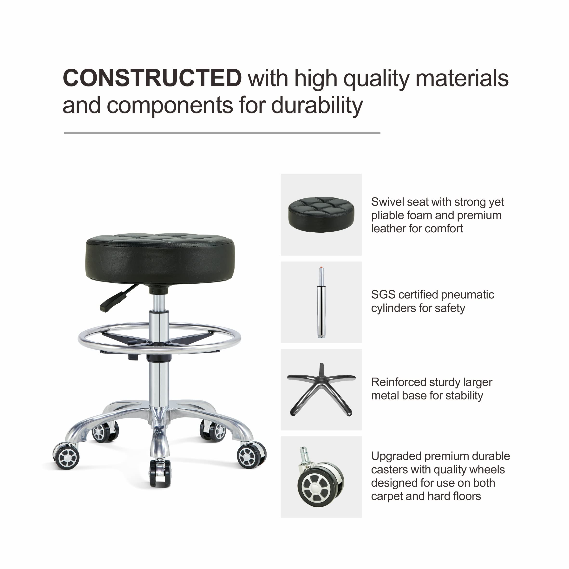 Kastele Height Adjustable Rolling Desk Stool Swivel Chair with Casters Heavy Duty for Salon, Spa, Massage,Tattoo,Esthetician,Shop,Kitchen (No Backrest with Casters, Black)