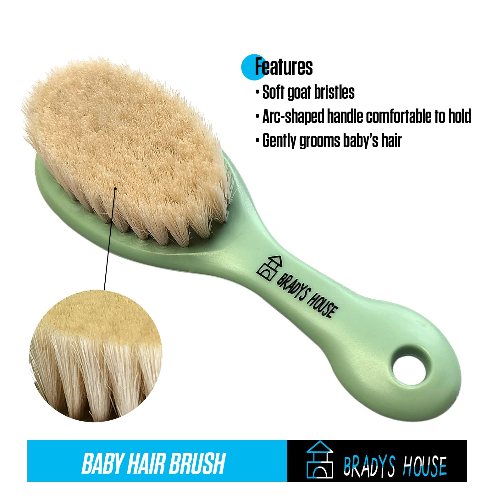 BRADYS HOUSE - 3 Piece Baby Hair Brush & Comb Set for Newborns- Soft Goat Bristle Hair-Brush, Silicone Bath Brush and Plastic Comb for Infant, Toddler, Kids - Baby