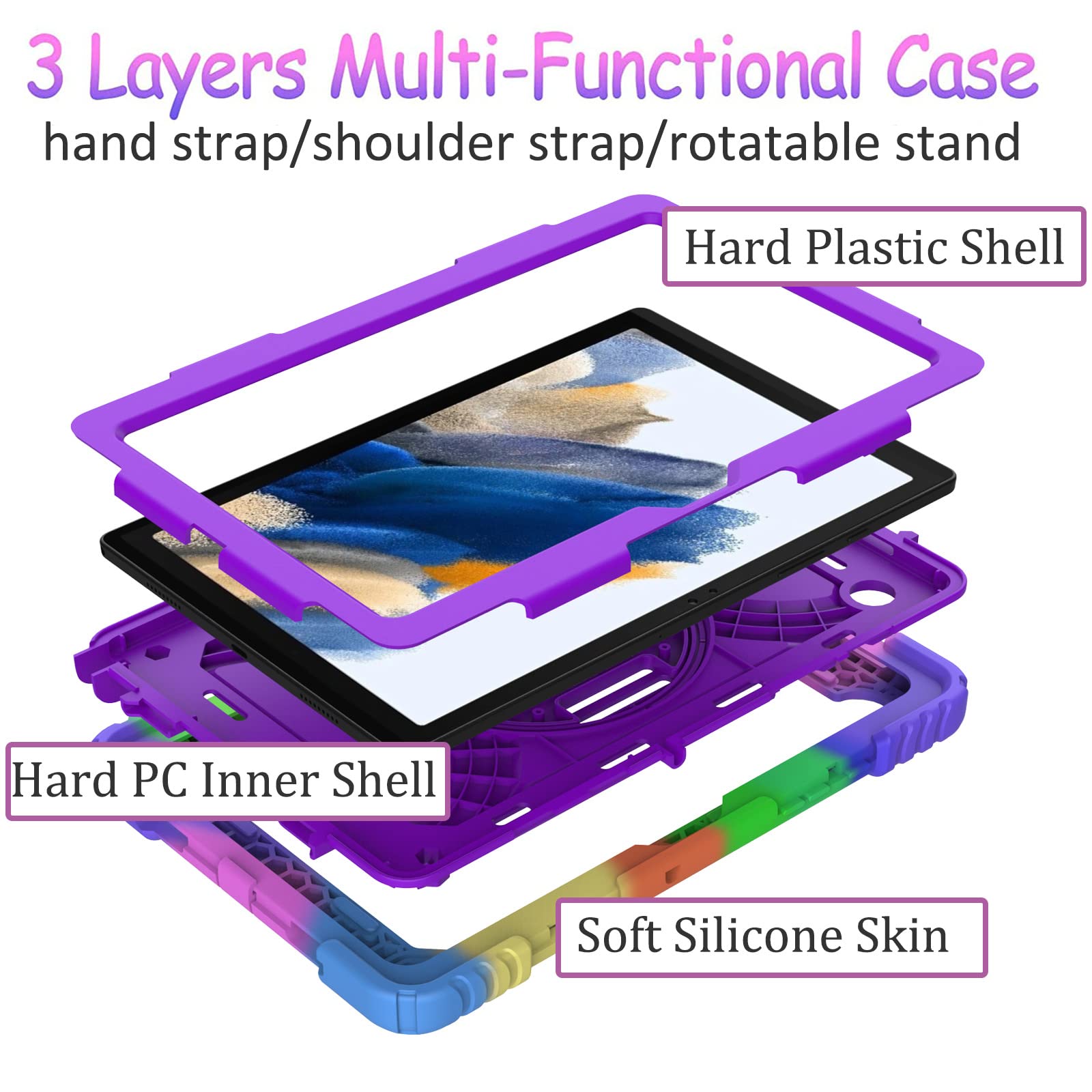 BMOUO Samsung Galaxy Tab A8 Case for 10.5 inch 2022, Shockproof with Swivel Stand and Adjustable Hand Strap, Purple