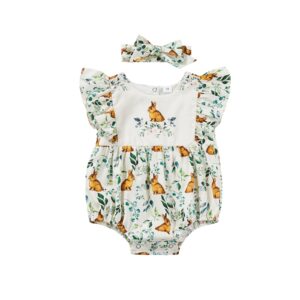 easter infant newborn baby girl rompers fly sleeve round neck sleeveless rabbit print jumpsuit headband outfits (white, 3-6 months)