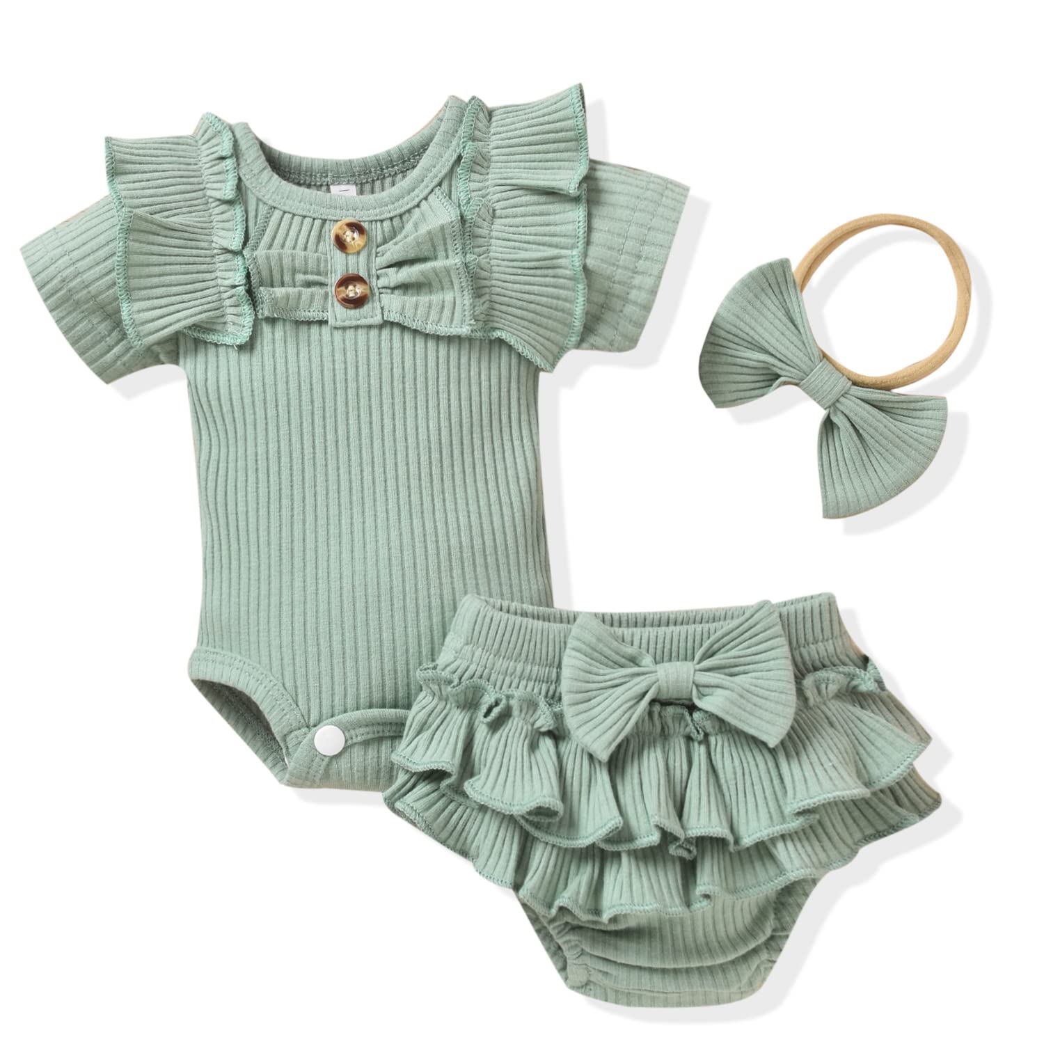 Aalizzwell Preemie Baby Girls Clothes Short Sleeve Bloomer Shorts Ribbed Summer Outfit Olive Green Premature