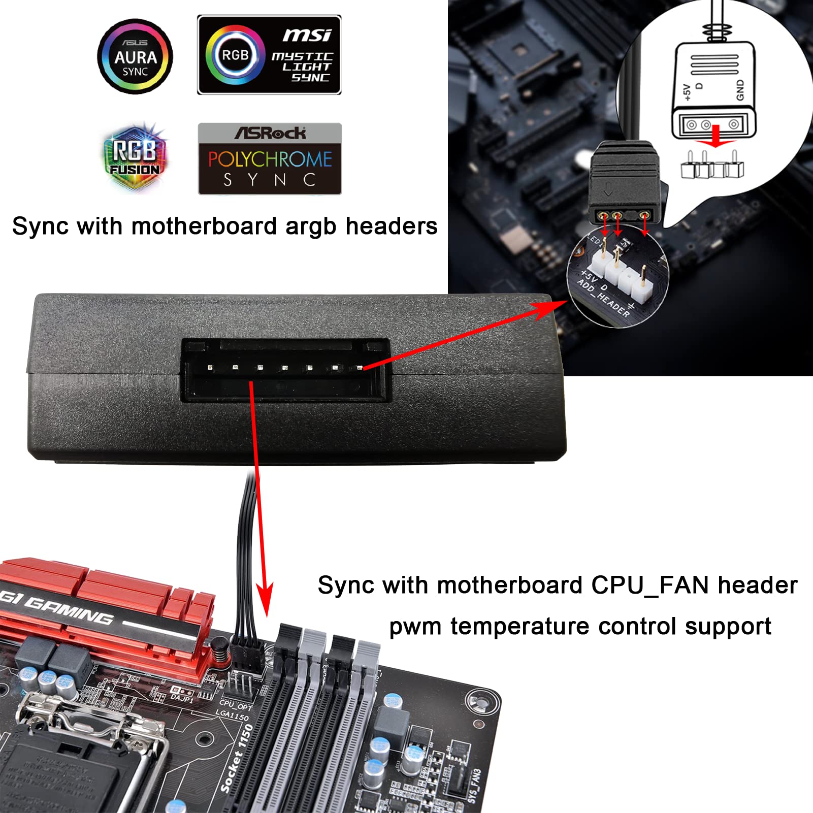 Airgoo PWM ARGB Fan Hub, 8 Fan Ports with pwm Temperature Control sync with Motherboard, 8 Addressable RGB LED Ports for 5V 3-pin Aura SYNC, Gigabyte RGB Fusion, MSI Mystic Light Sync, Sata Powered