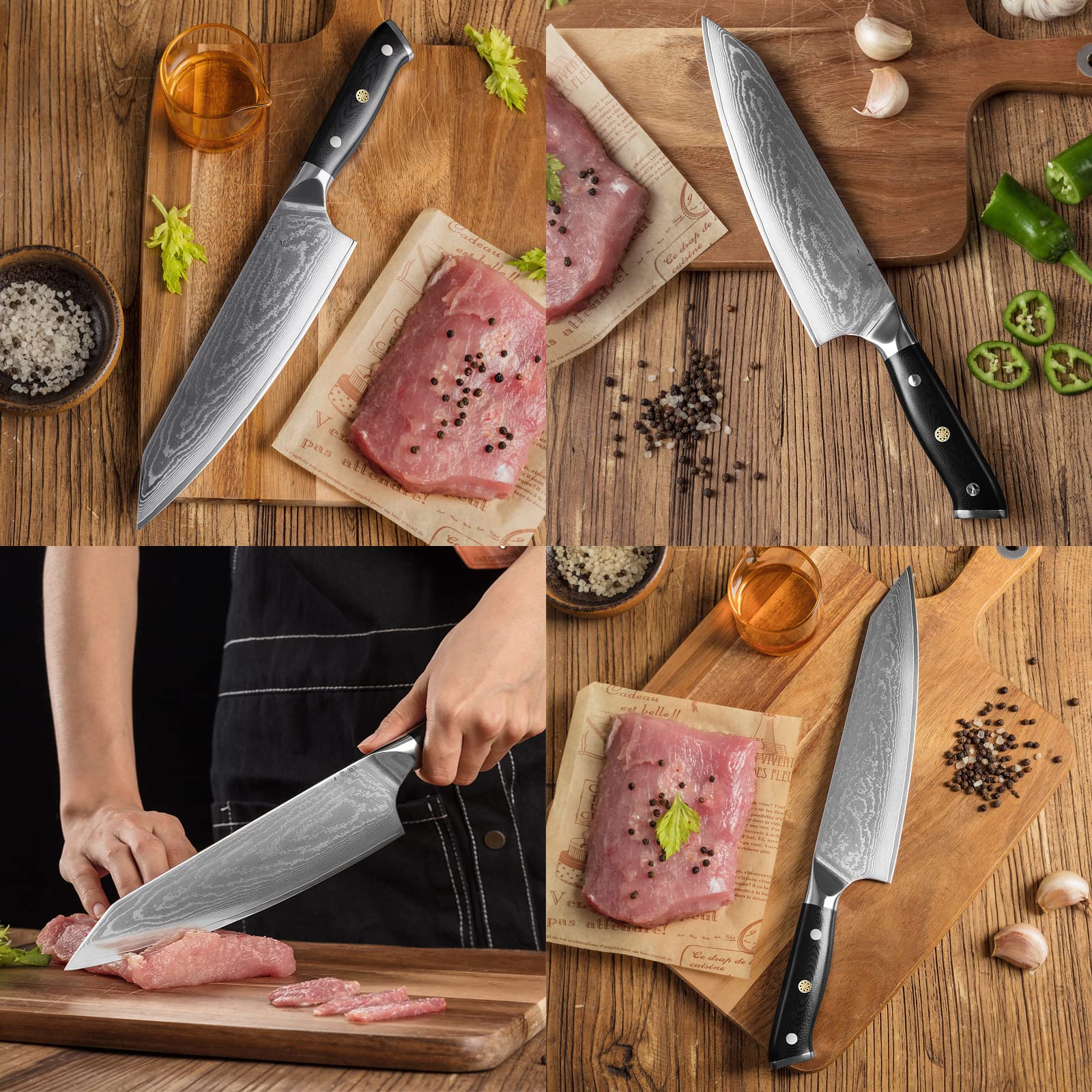 EDVING Damascus Chef Knife 8 Inch with Premium G10 Handle&Triple Rivet,Razor Sharp Kitchen Knife Japanese VG-10 Stainless Steel,Gift Box,Ergonomic,Superb Edge Retention, Corrosion Resistant