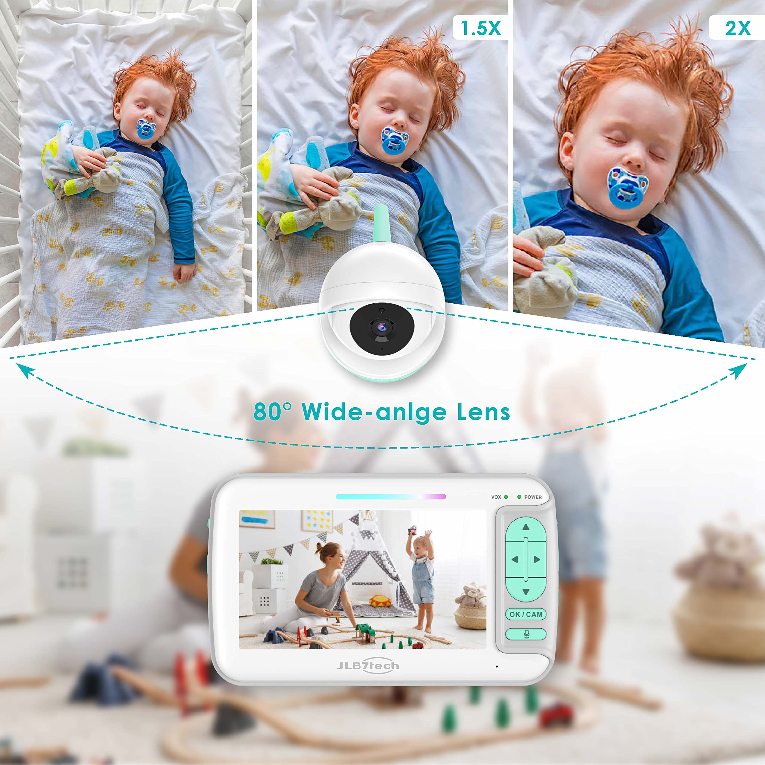 JLB7tech 5” 720P HD Video Baby Monitor with 1 Remote Camera, Remote Pan/Tilt/Zoom, High Definition, Portable Charging Cradle, Two-Way Audio, Auto Night Vision, 5 Lullabies, No WiFi, Up to 4 Cameras