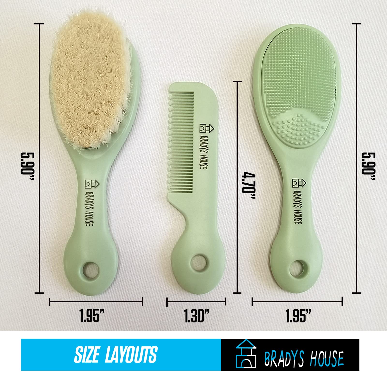 BRADYS HOUSE - 3 Piece Baby Hair Brush & Comb Set for Newborns- Soft Goat Bristle Hair-Brush, Silicone Bath Brush and Plastic Comb for Infant, Toddler, Kids - Baby