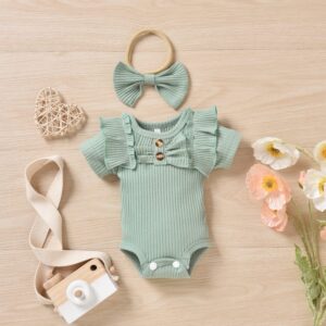 Aalizzwell Preemie Baby Girls Clothes Short Sleeve Bloomer Shorts Ribbed Summer Outfit Olive Green Premature