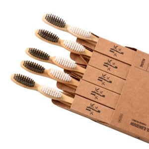 hituyi bamboo toothbrush (10 pack) with travel toothbrush case & charcoal dental floss | natural eco friendly toothbrushes for adults | bpa free, soft bristles & biodegradable wooden toothbrush