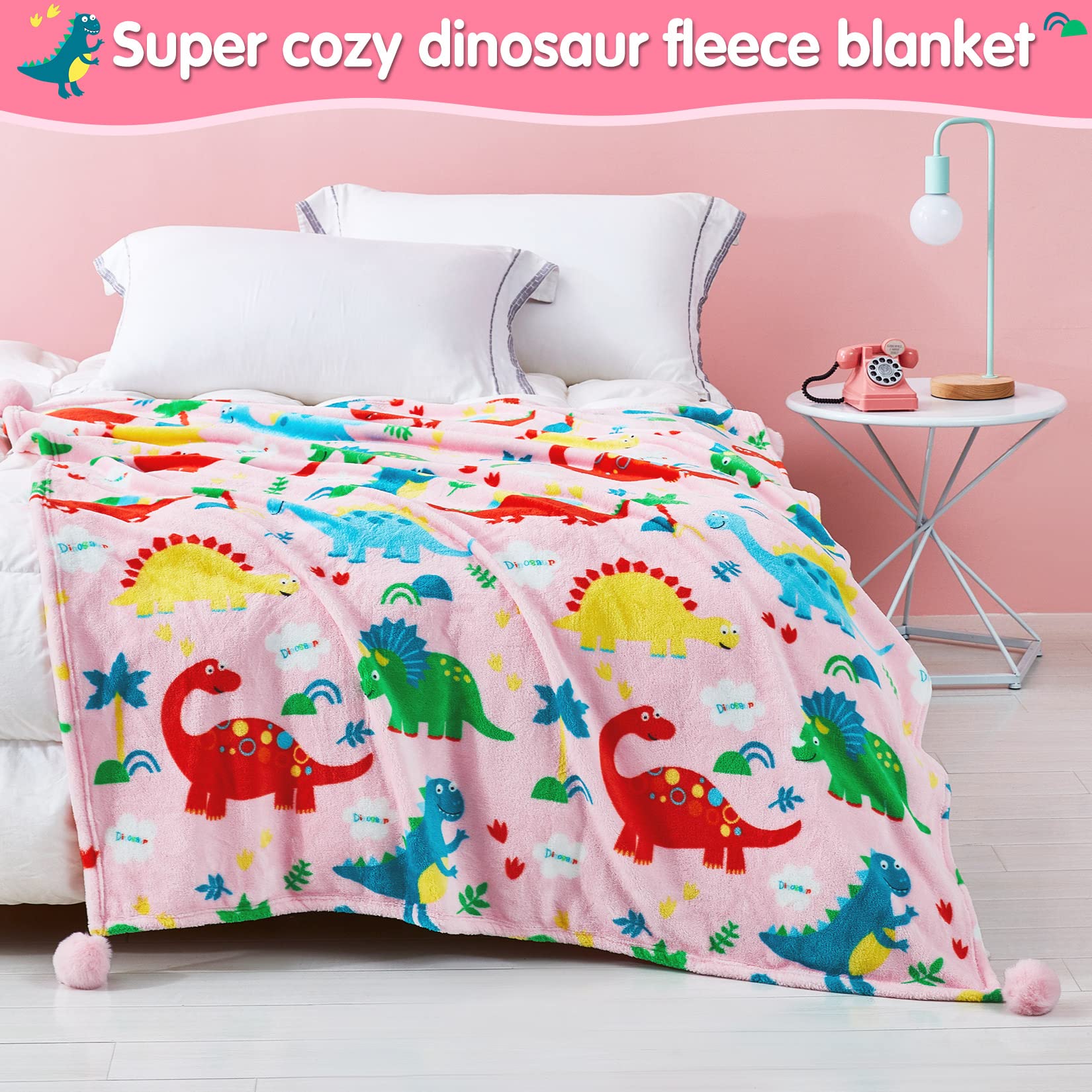 Andywoo Pink Dinosaur Baby Blanket for Girls, Dinosaur Baby Girls Blanket with Vibrant Colors, Cute Dinosaur Toddler Blanket for Girls, Soft and Warm Kids Fleece Blanket - 30x40 Inches