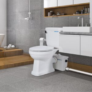 upflush macerating toilet (3-piece kit)- upflush toilet for basement toilet system, macerating toilet with 500 watt macerator pump, extension pipe and round bowl, for kitchen sink, bathroom, laundry