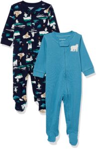 amazon essentials baby girls' snug-fit cotton footed sleeper pajamas, pack of 2, navy/arctic creatures, 12 months