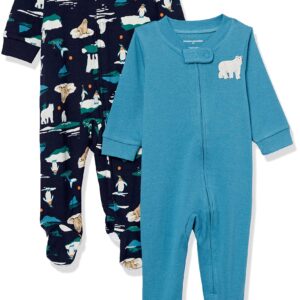 Amazon Essentials Baby Girls' Snug-Fit Cotton Footed Sleeper Pajamas, Pack of 2, Navy/Arctic Creatures, 12 Months