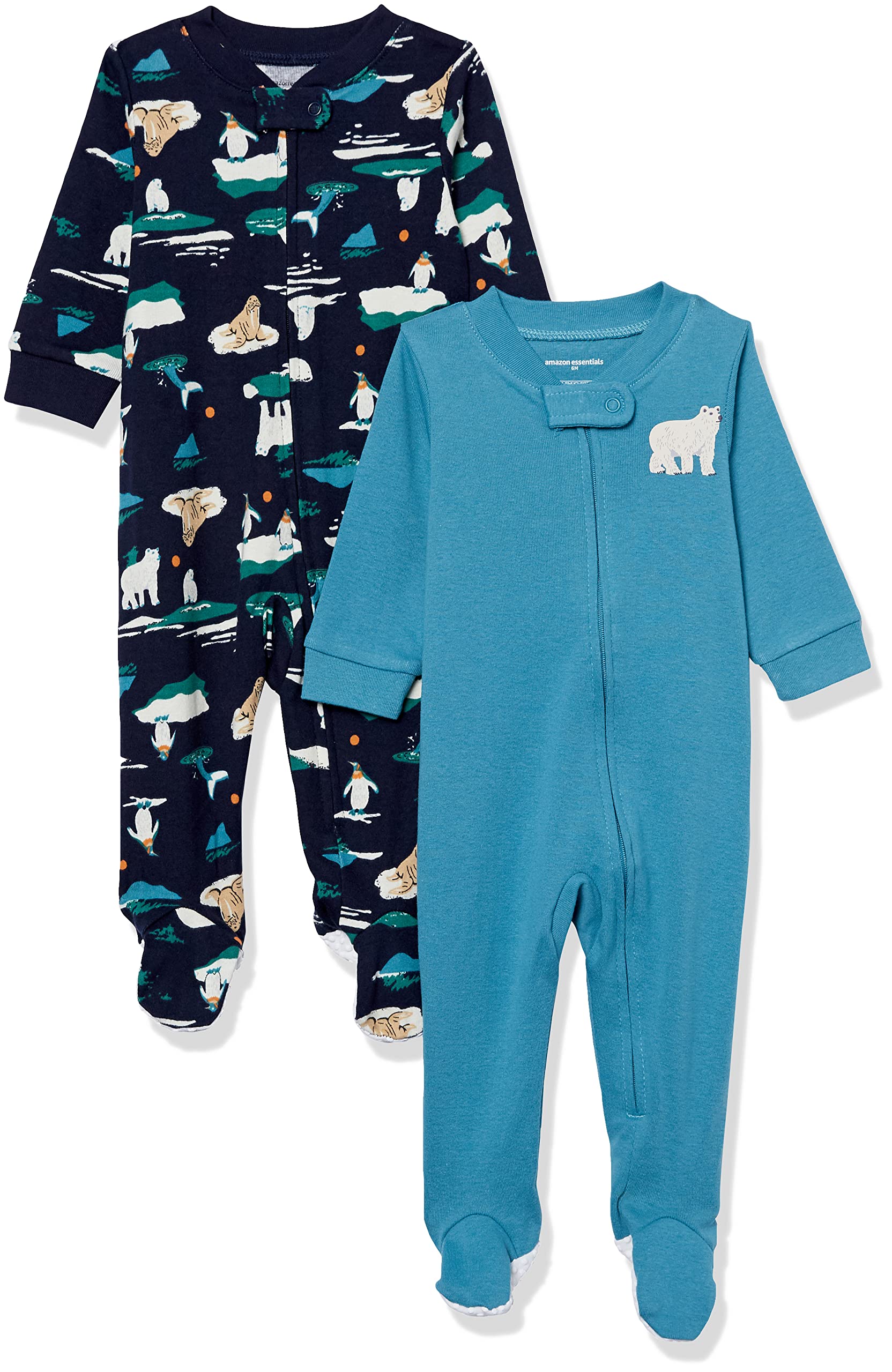 Amazon Essentials Baby Girls' Snug-Fit Cotton Footed Sleeper Pajamas, Pack of 2, Navy/Arctic Creatures, 12 Months