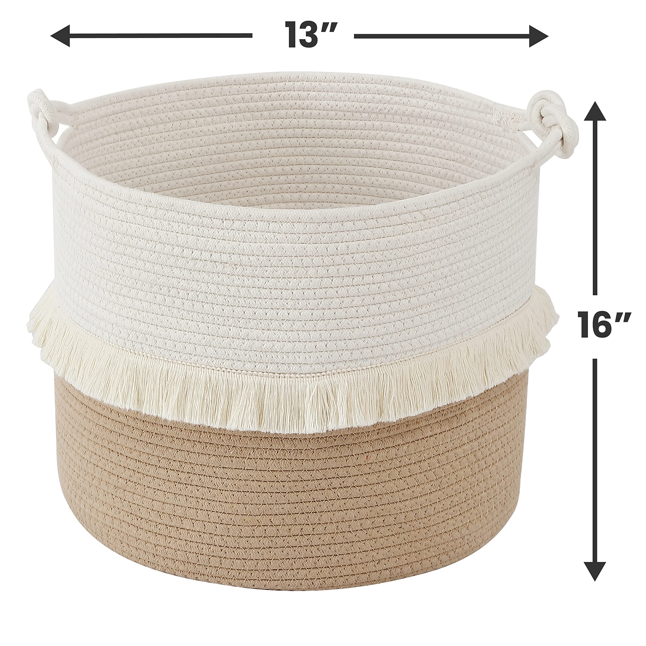 Organizix Round Woven Boho Cotton Rope Storage Tassels Basket, Laundry Basket Hamper, Decorative Fringe with Knot Handles, Toys and Blanket Basket for Nursery, White/Brown, 13 x 16